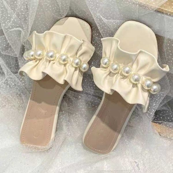 Flat bottom pearl slippers outer wear shoes women's daily slippers ...