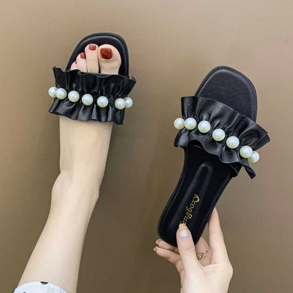 Flat bottom pearl slippers outer wear shoes women's daily slippers ...