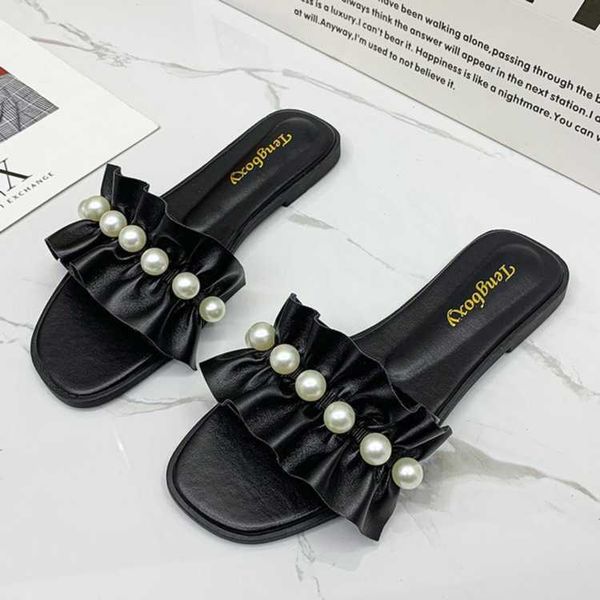 Flat bottom pearl slippers outer wear shoes women's daily slippers ...
