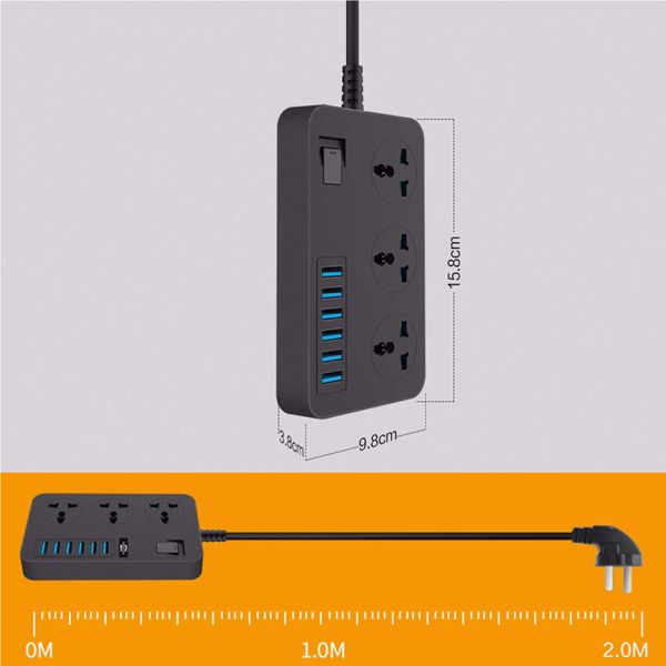 3000W Extension Socket 2M Cord Multi Plug Socket 6 USB Port Safety ...
