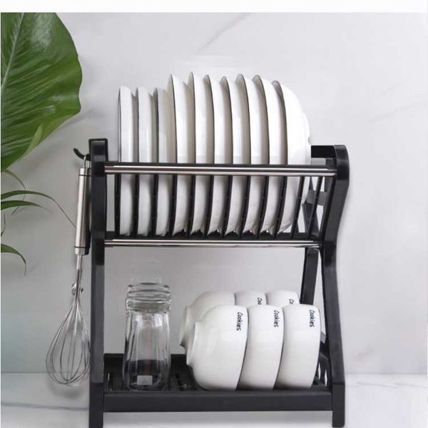 2 Tier Kitchen Dish Bowl Rack Black Stainless Steel Adjustable Storage ...