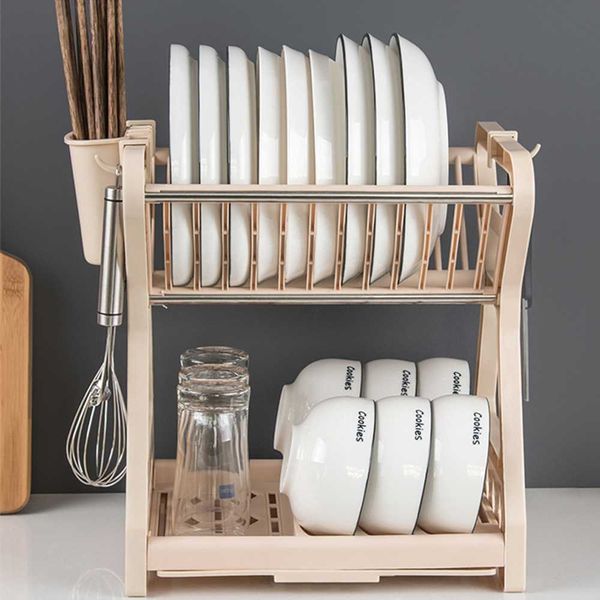 2 Tier Kitchen Dish Bowl Rack Black Stainless Steel Adjustable Storage ...