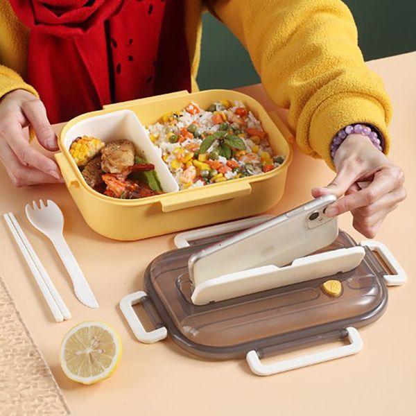 Large-capacity lunch box with tableware, plastic inner grid, elementary ...
