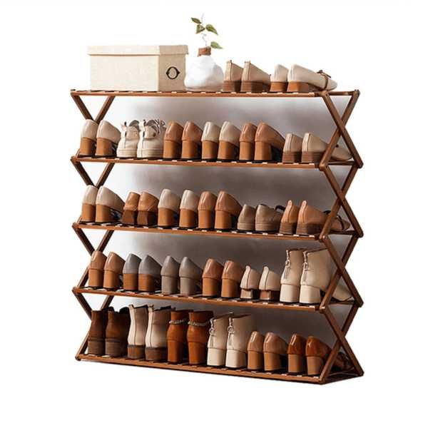 Folding Shoe Rack Free-Puncture Space-Saving X-shape 5-Tier Bamboo Shoe ...