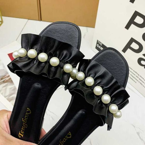 Flat bottom pearl slippers outer wear shoes women's daily slippers ...