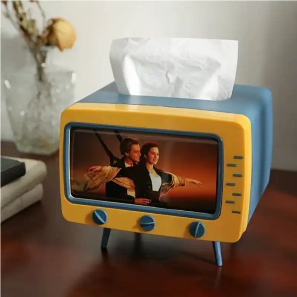 Retro TV Style Tissue Box with Phone Holder - High Capacity, Multi ...