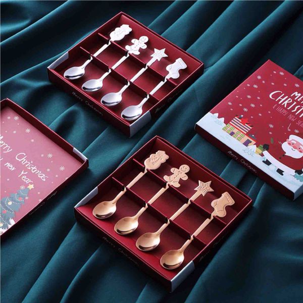 4pcs Stainless Steel Christmas Spoon Set Ice Cream Dessert Coffee Tea ...