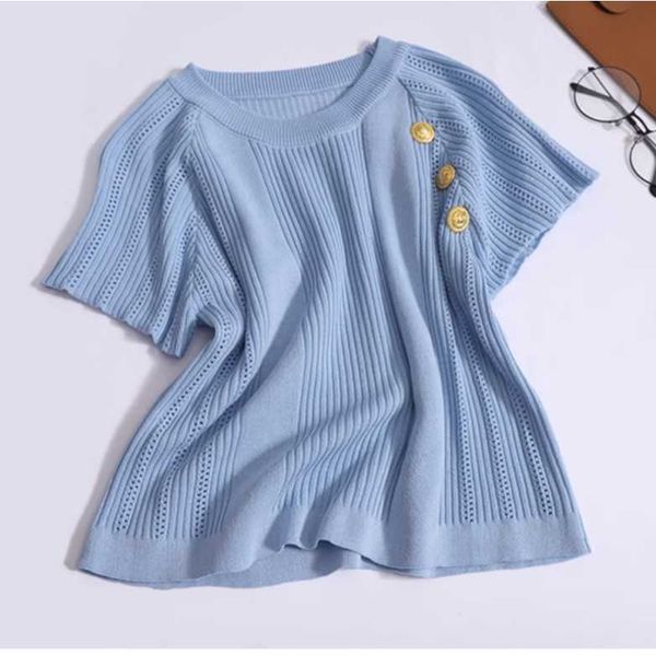 Light luxury French retro round neck metal buckle sweater top high ...