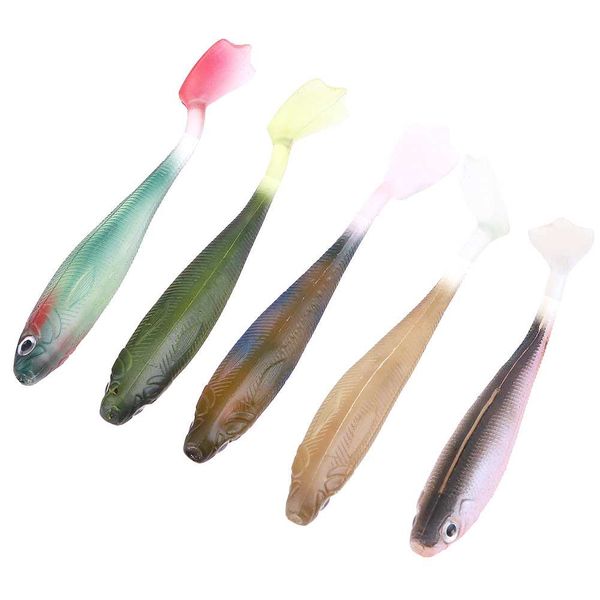 5pcs 90mm T Tail Soft Fishing Lures 3D Eyes Groove Back Artificial ...
