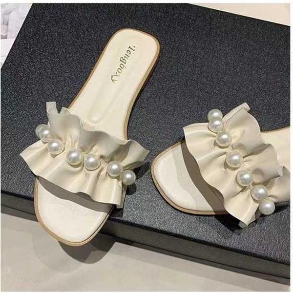 Flat bottom pearl slippers outer wear shoes women's daily slippers ...