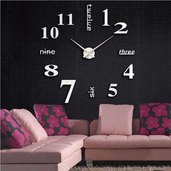 Wall Clock Large 3D Clock DIY Round Frameless Living Room Big Home ...