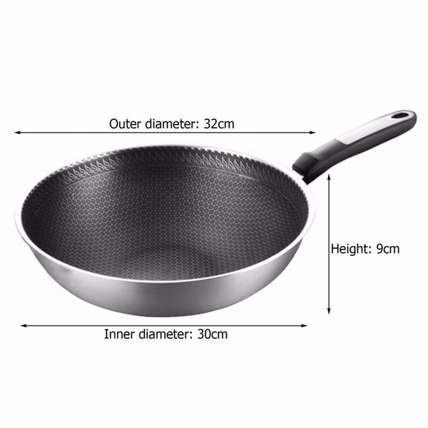 316 Stainless Steel Wok Kitchen Double-sided Honeycomb Non-stick Frying Pan (32cm with Lid) - L192