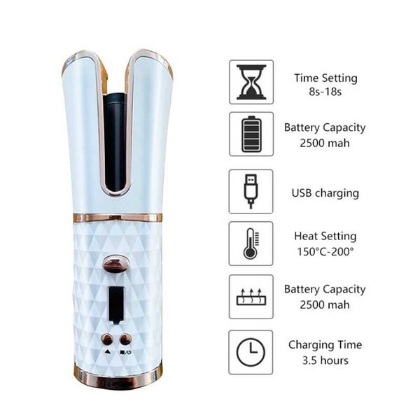 Cordless Automatic Hair Curler Curling Iron USB Rechargeable Auto Air ...