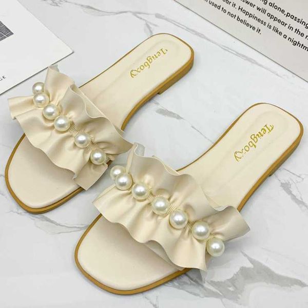 Flat bottom pearl slippers outer wear shoes women's daily slippers ...
