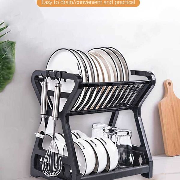 2 Tier Kitchen Dish Bowl Rack Black Stainless Steel Adjustable Storage ...