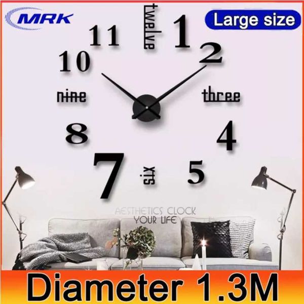 Wall Clock Large 3D Clock DIY Round Frameless Living Room Big Home ...