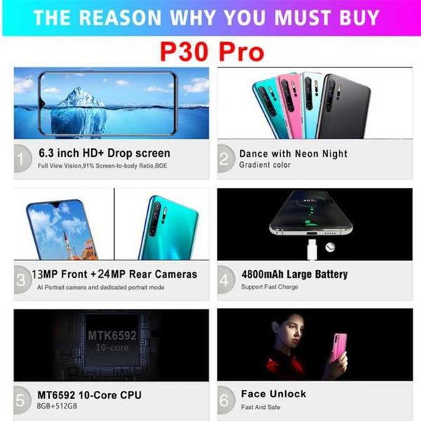 P30Pro 8+512gb 4800Mah 6.3inch Android Smart Phone Dual SIM cellphone mobile Red - L192