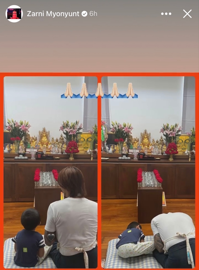 ပုတီးစိပ်နေတဲ့ ဖေဖေ့ပေါ်မှာ တစ်စက်ကလေးမှမငိုဘဲ ငြိမ်ငြိမ်လေးနေကာ အသည