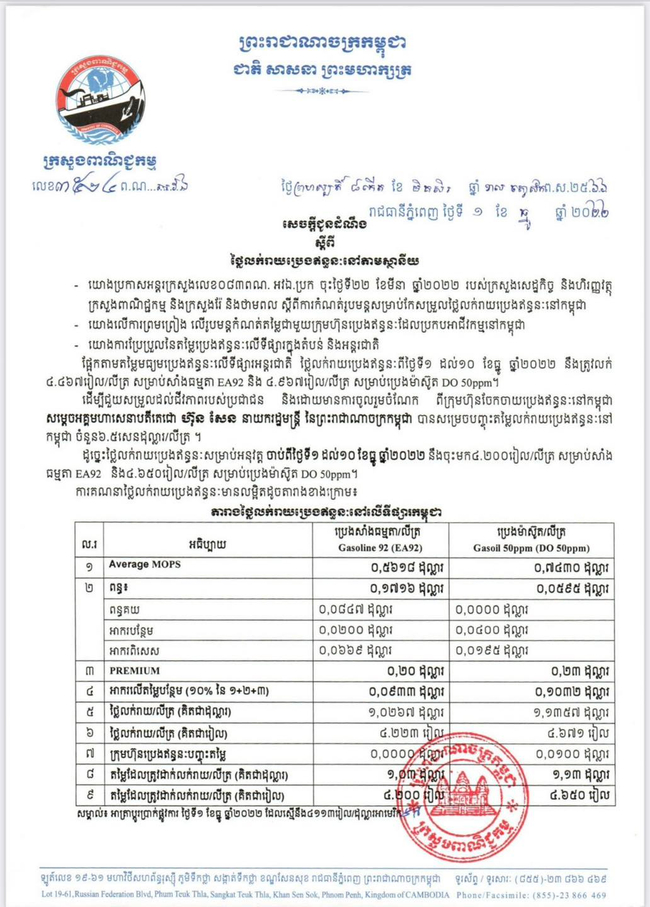 នេះជាតម្លៃប្រេងសាំងថ្មី ចាប់ពីថ្ងៃនេះ រហូតដល់ថ្ងៃទី១០ ខែធ្នូ ...