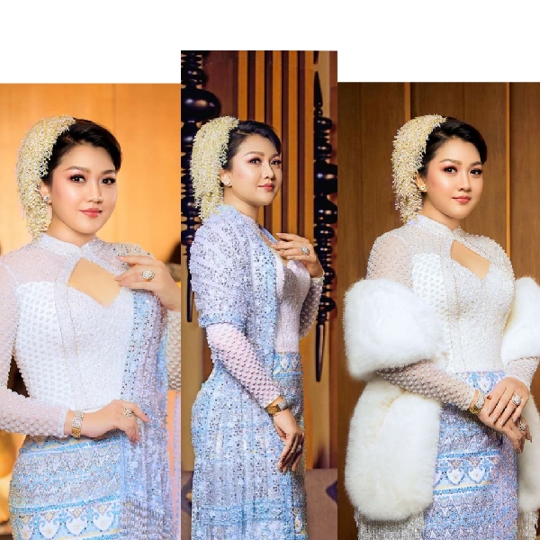 တော်ဝင်သဇင်ပန်းတွေကို ခေါင်းထက်မှာ ပန်ဆင်ပြီး ကျက်သရေရှိတဲ့ မြန်မာဝတ